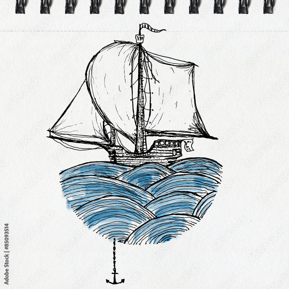 Sailing ship on waves, artistic ink and watercolor drawing on paper ...