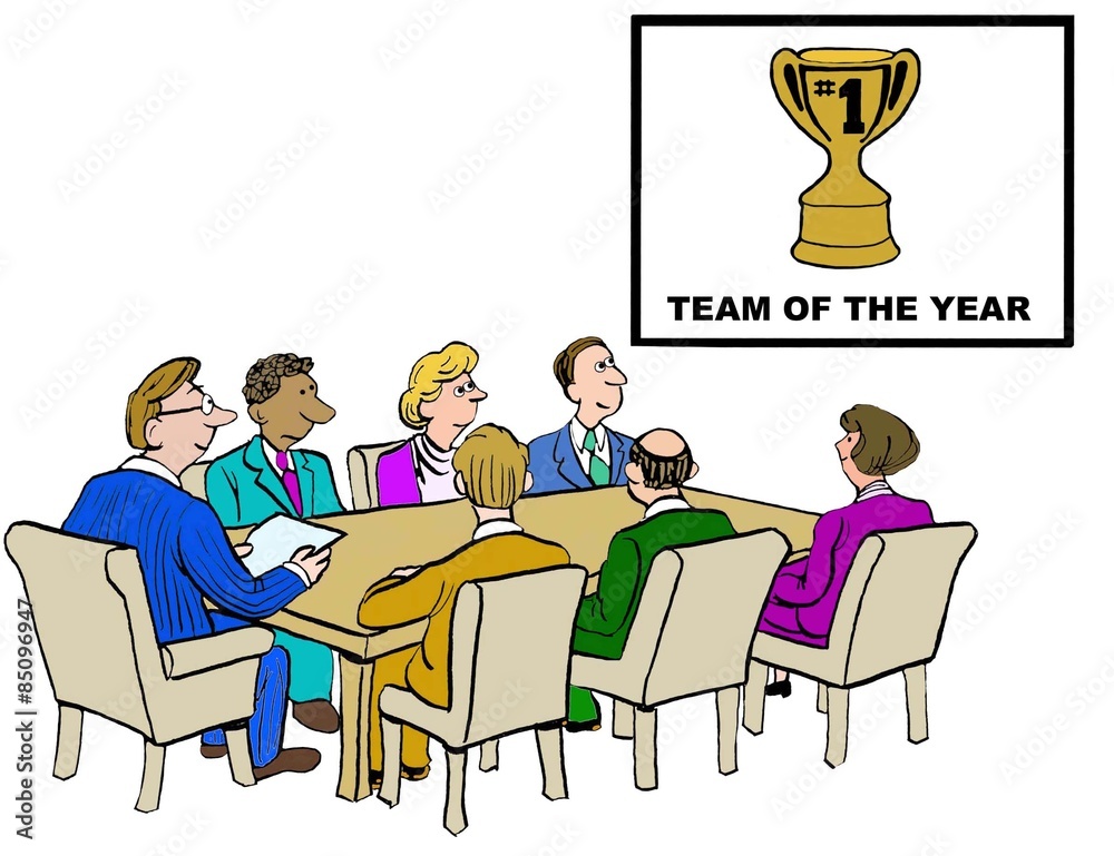 Cartoon of business team in a meeting, they have been awarded a plaque ...