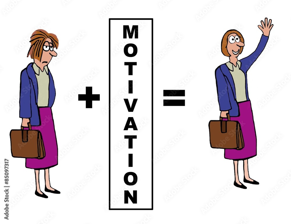 Business cartoon showing the positive impact motivation has on the ...