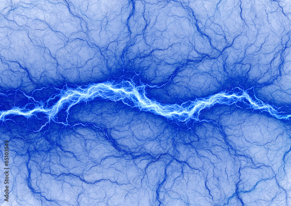 Blue electric lighting, abstract electrical storm on white background ...