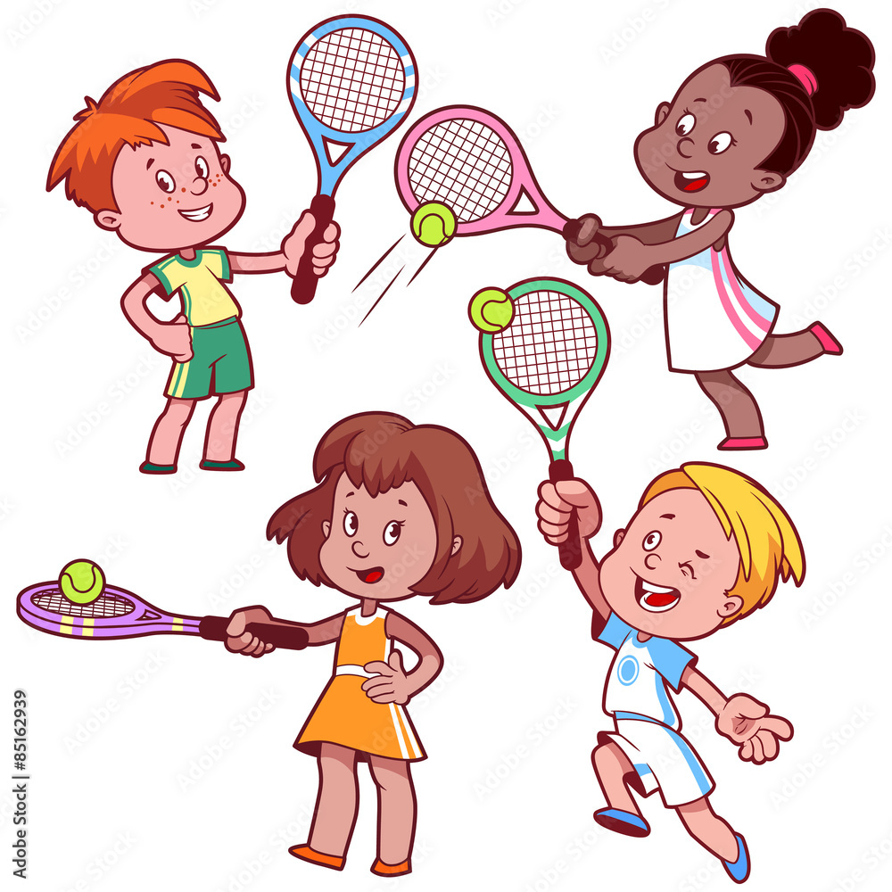 Cartoon kids playing tennis. Stock Vector | Adobe Stock