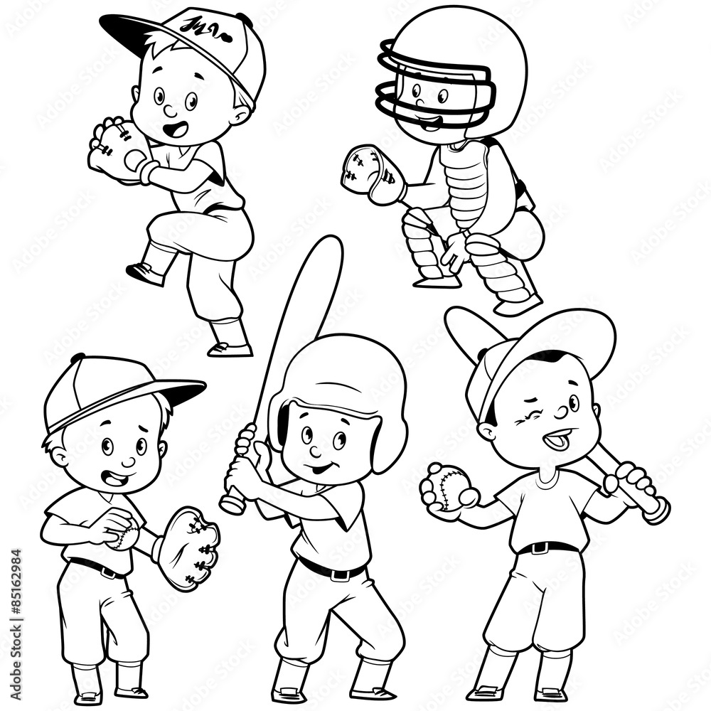 Cartoon kids playing baseball. Outline Stock Vector | Adobe Stock