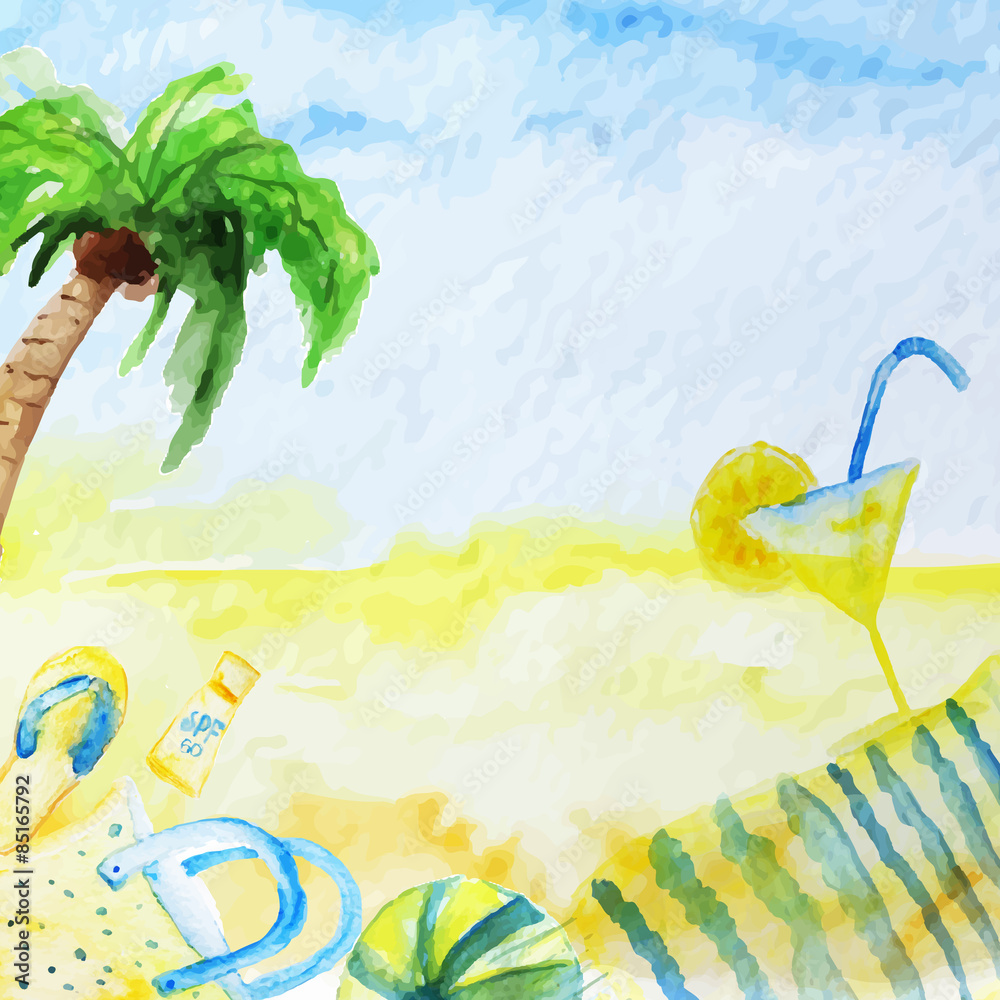 Vector watercolor summer poster on beach background with palm tree ...