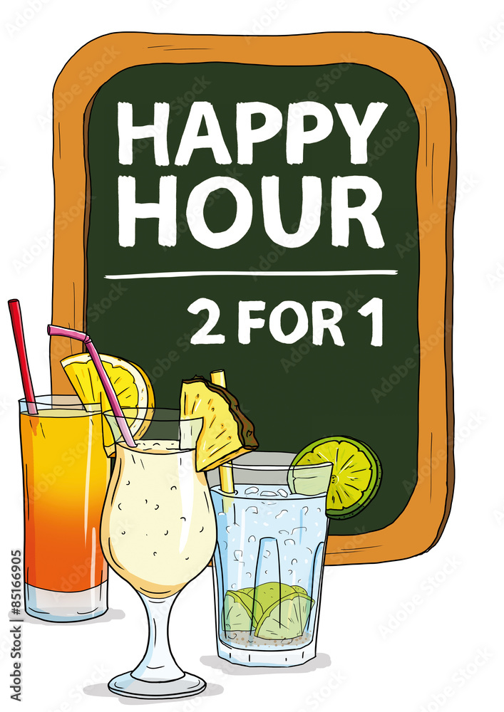 Cocktails Happy Hour. 2 for 1. Stock Illustration | Adobe Stock
