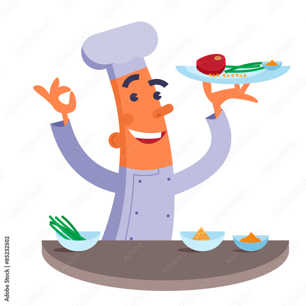 Cartoon chef holding plate with meat steak Stock Illustration | Adobe Stock