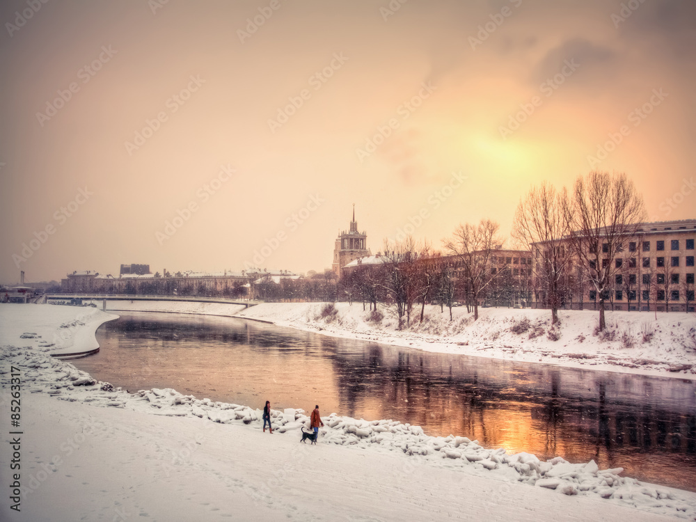 Vilnius / Lithuania. Winter snow Vilnius with views of the river Neris ...