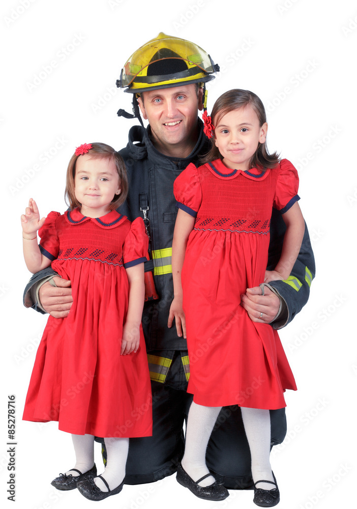 Fireman with his two young daughters isolated white Stock Photo | Adobe ...