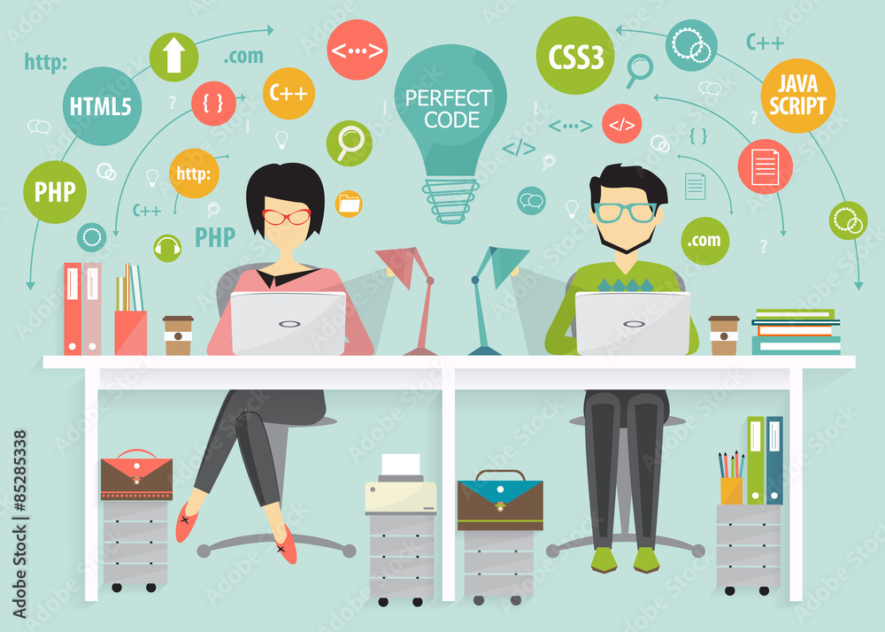 Programming Concept Process Coding Programmers Teamwork Flat Design Style Stock Vector