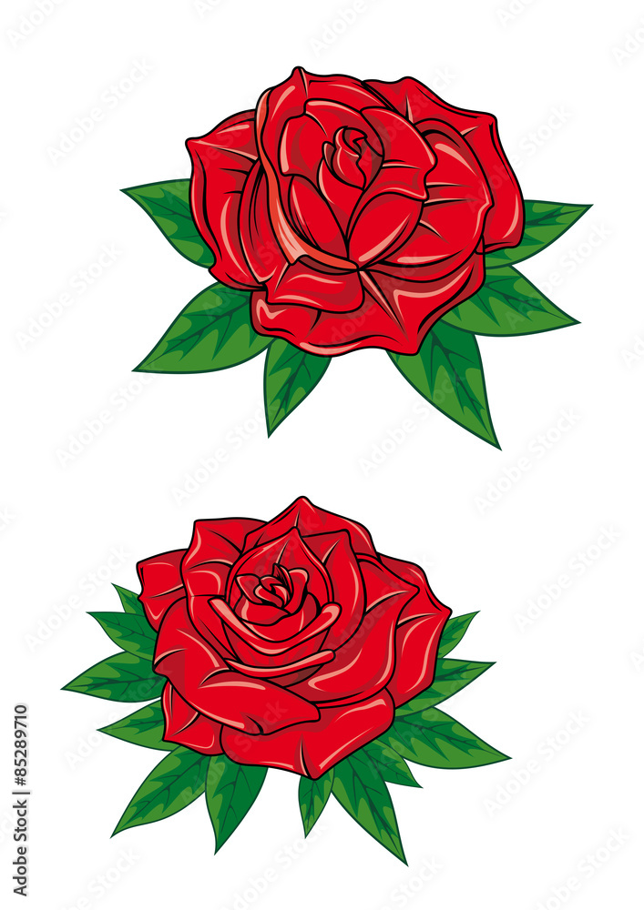 Cartoon blooming red roses with leaves Stock Vector | Adobe Stock
