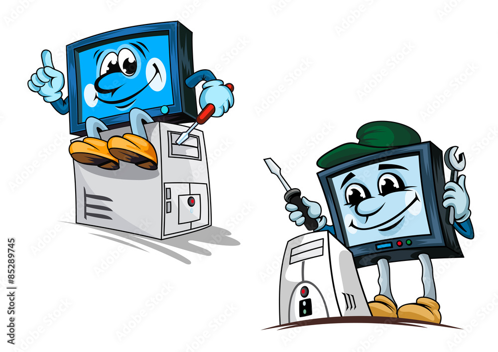 Computer repairman cartoon characters with tools Stock Vector | Adobe Stock