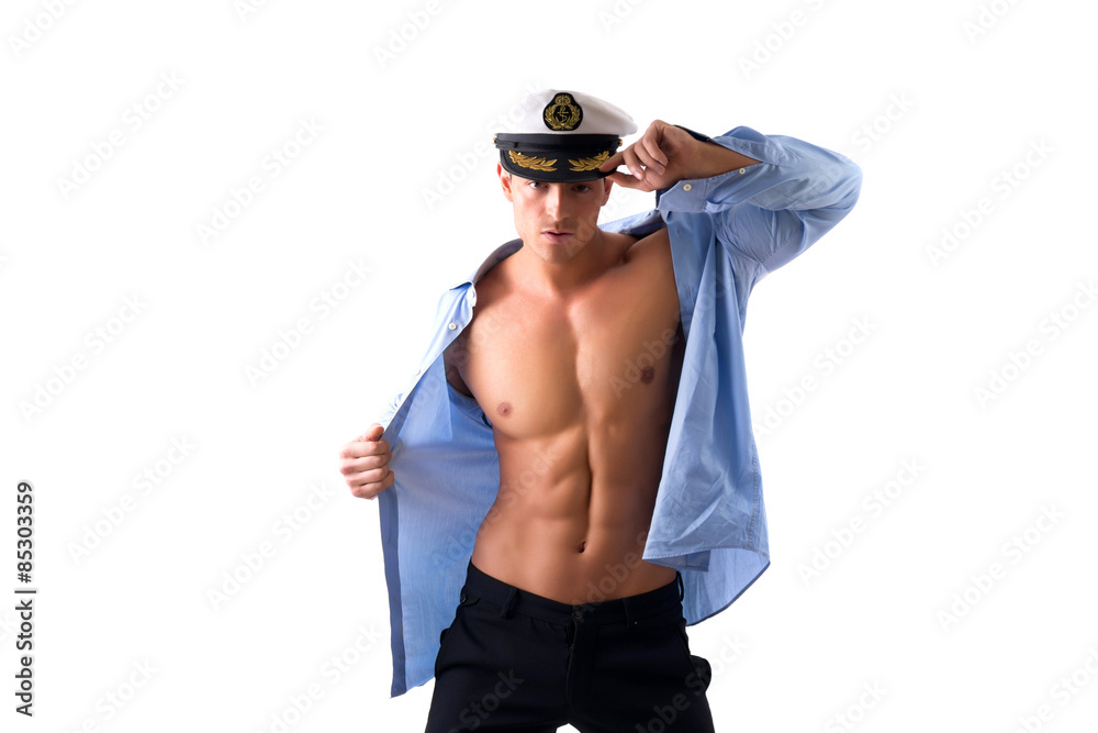 Foto de Muscular shirtless male sailor with marine hat do Stock | Adobe ...