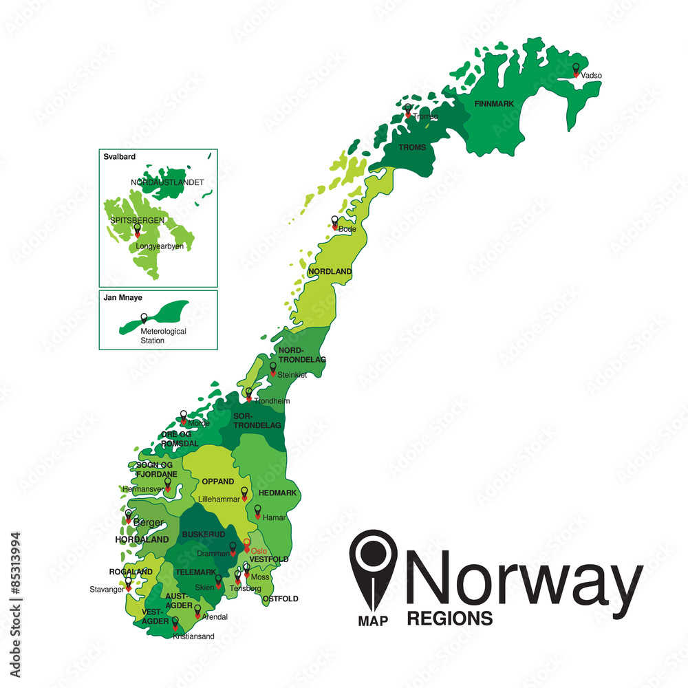 Norway green Map detailed vector Stock Vector | Adobe Stock