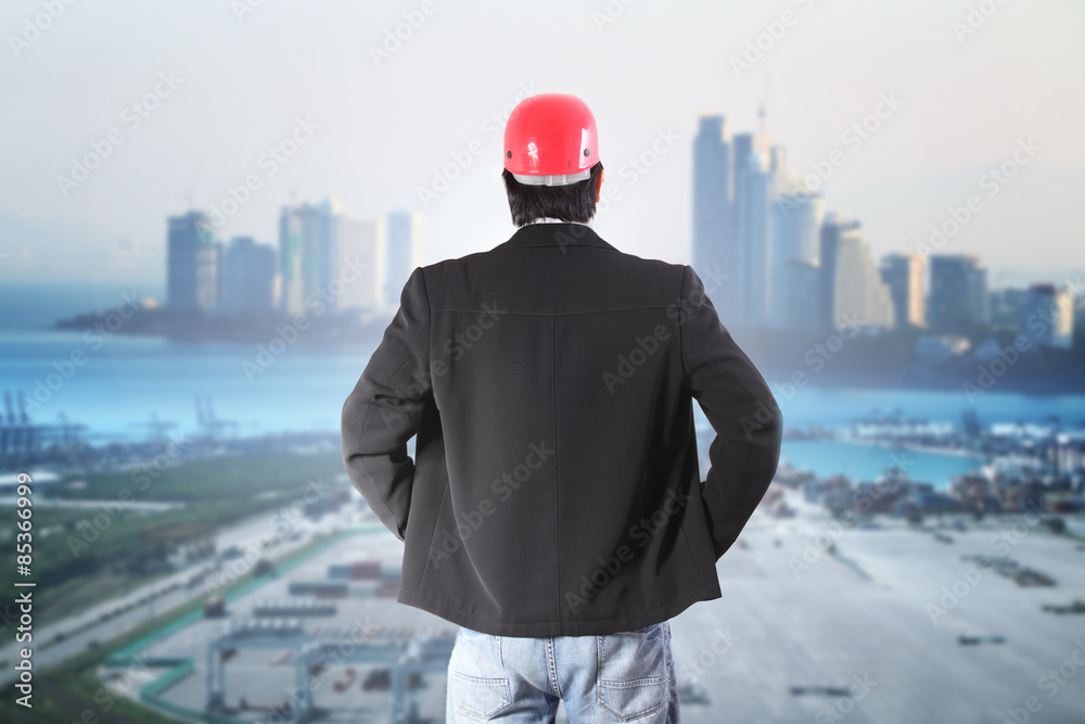 businessman standing with new modern cranes at the container port ...