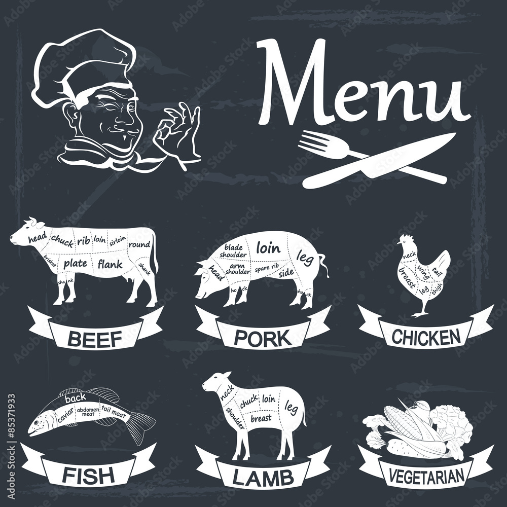 Set of meat symbols, beef, pork, chicken, lamb,fish,vegetables Stock ...