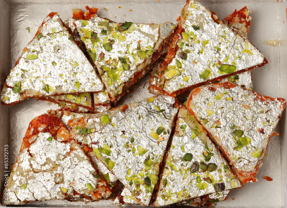 three layeder indian sweet called sangam barfi Stock Photo | Adobe Stock