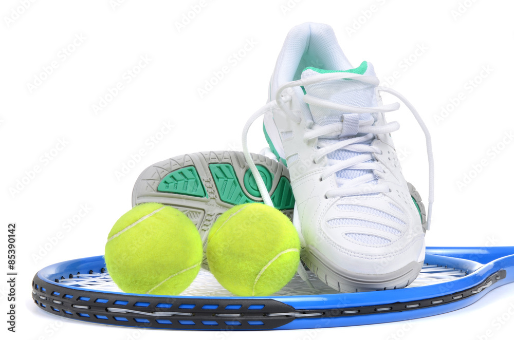 tennis shoes,balls,racket equipment isolated on white background Stock ...