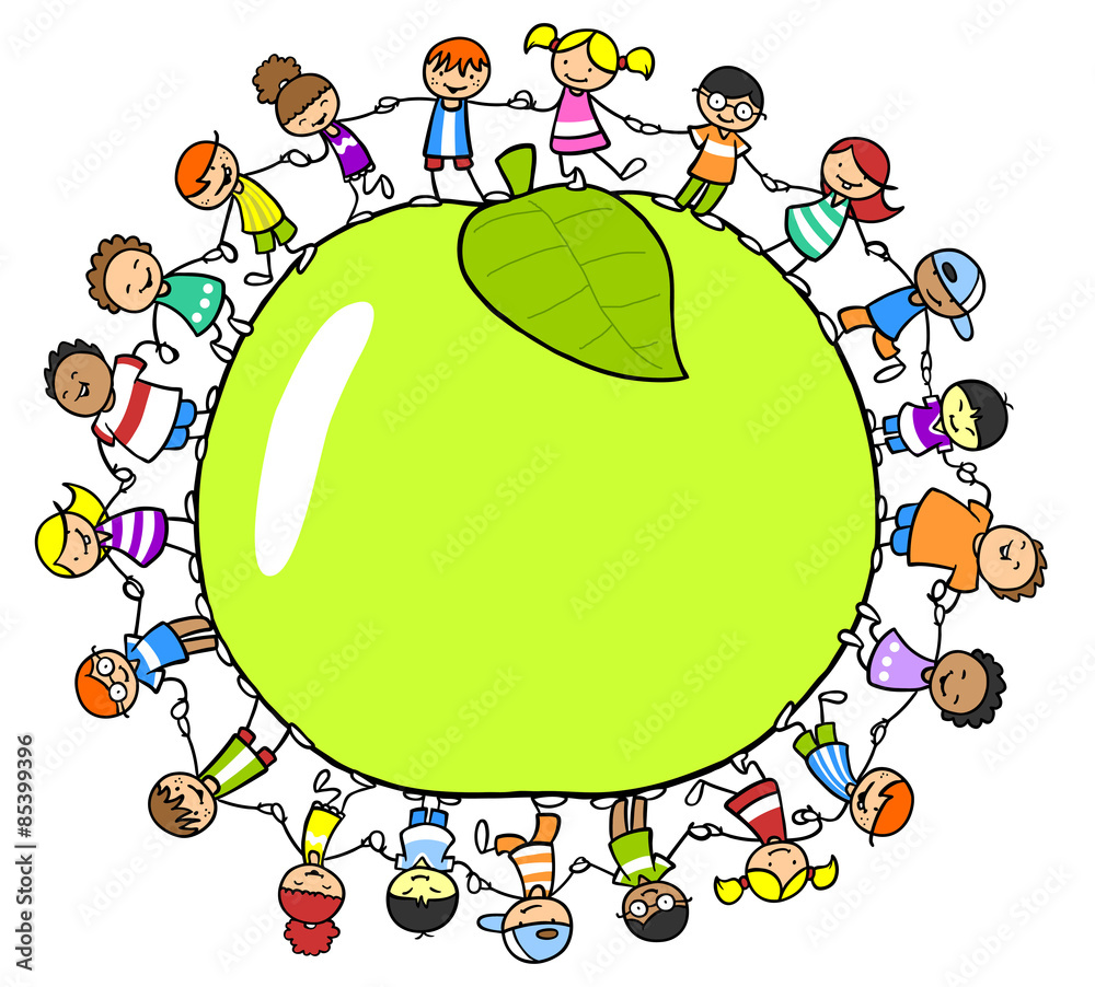 Glückliche Kinder rund um einen Apfel Stock Illustration | Adobe Stock