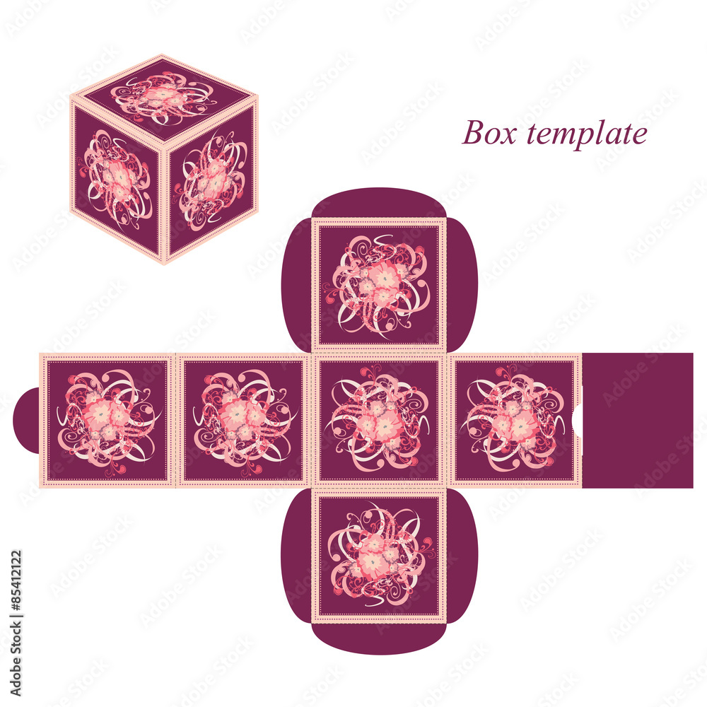 Square box template with lid. with floral elements and decorative ...