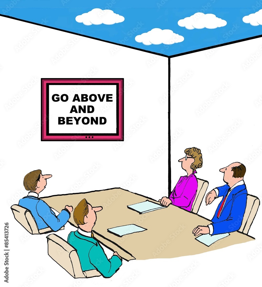 Business cartoon of meeting room with ceiling open to the sky, chart ...