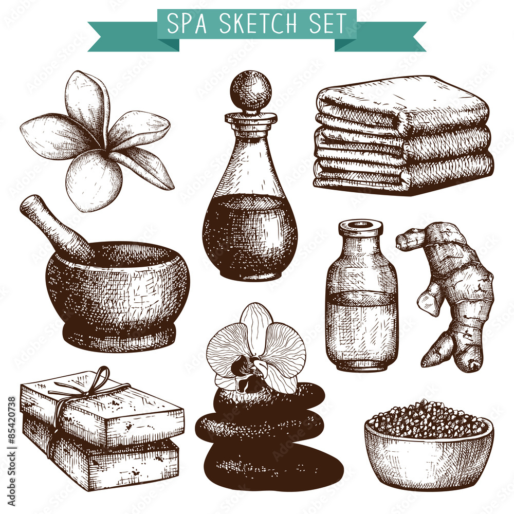 Vector set ink hand drawn spa illustration isolated on white. Spa sketch vintage collection ...