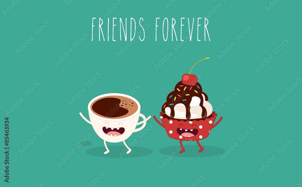 Cupcakes and cup coffee. Comic characters. Vector cartoon. Friend ...