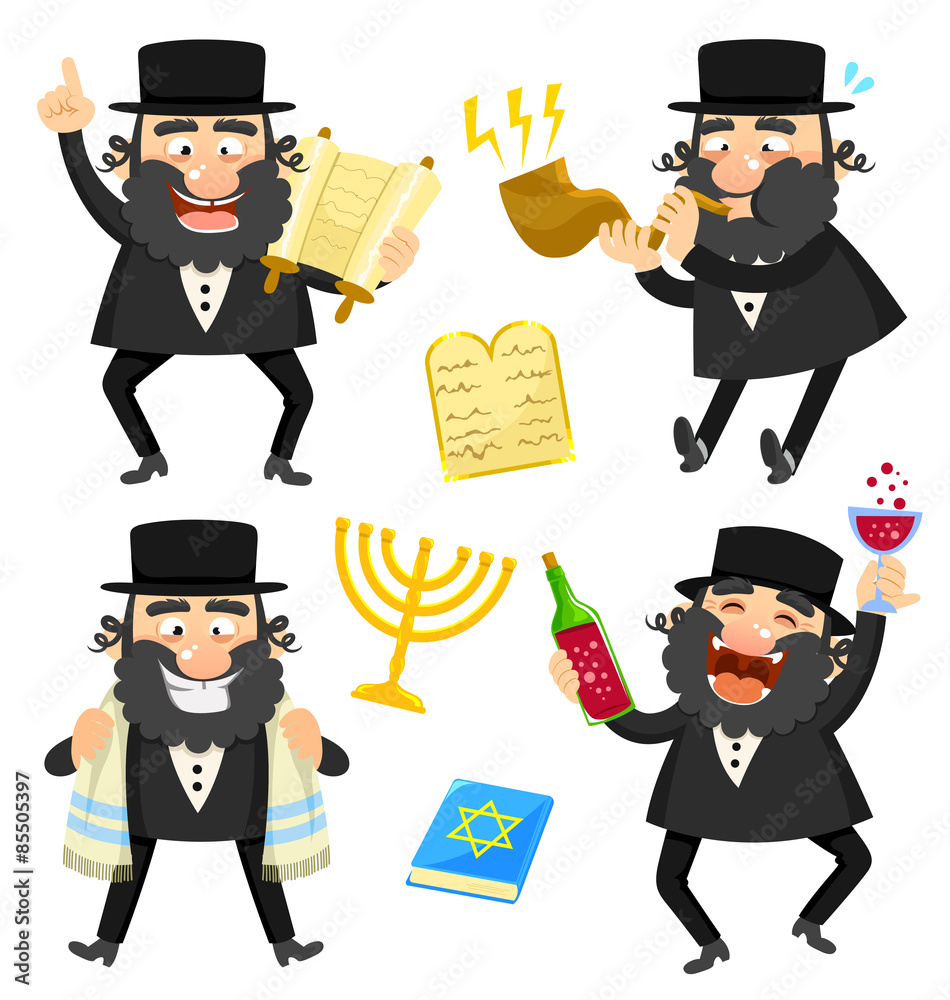 set of cartoon rabbis and Jewish symbols Stock Vector | Adobe Stock