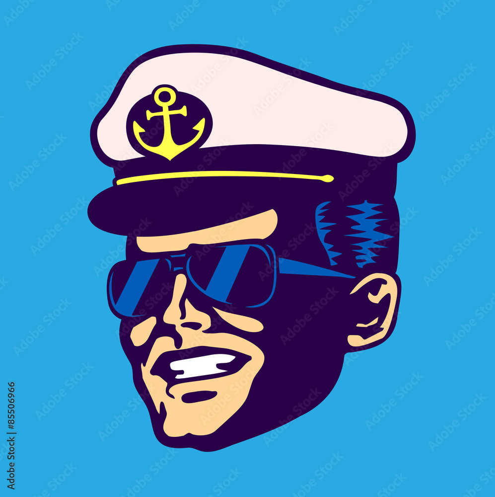 Retro cruise ship captain head with hat and aviator glasses smiling ...