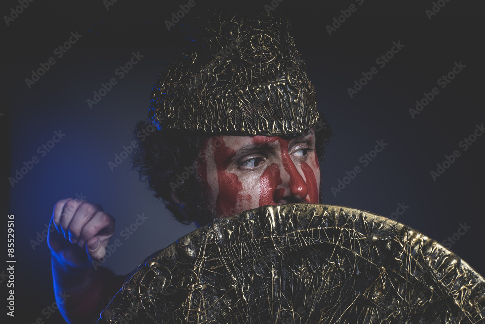 bearded man warrior with metal helmet and shield, wild Viking Stock ...