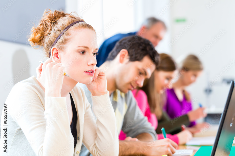 Studenten an Uni oder FH mit Professor Stock Photo | Adobe Stock