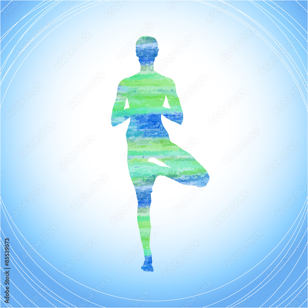 Girl in yoga pose on the abstract blue background. Vector yoga ...