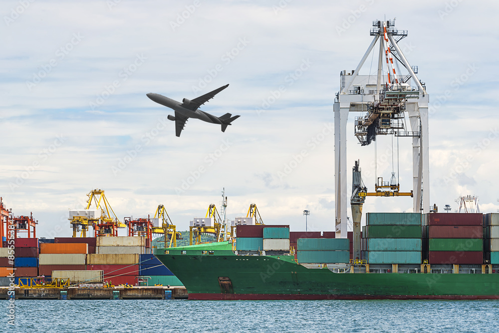 Container loading in a Cargo freight ship with industrial crane ...