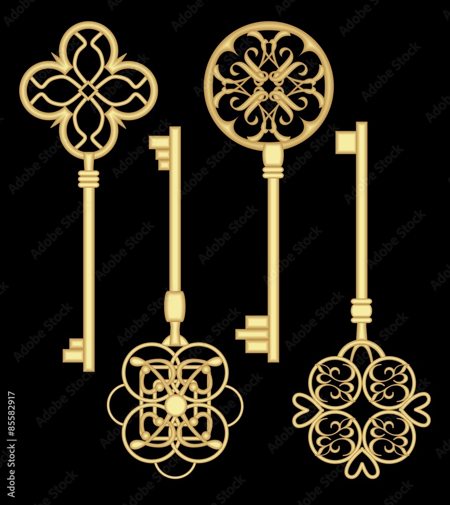 Antigue door key set in golden metallic design with historic ornamental ...