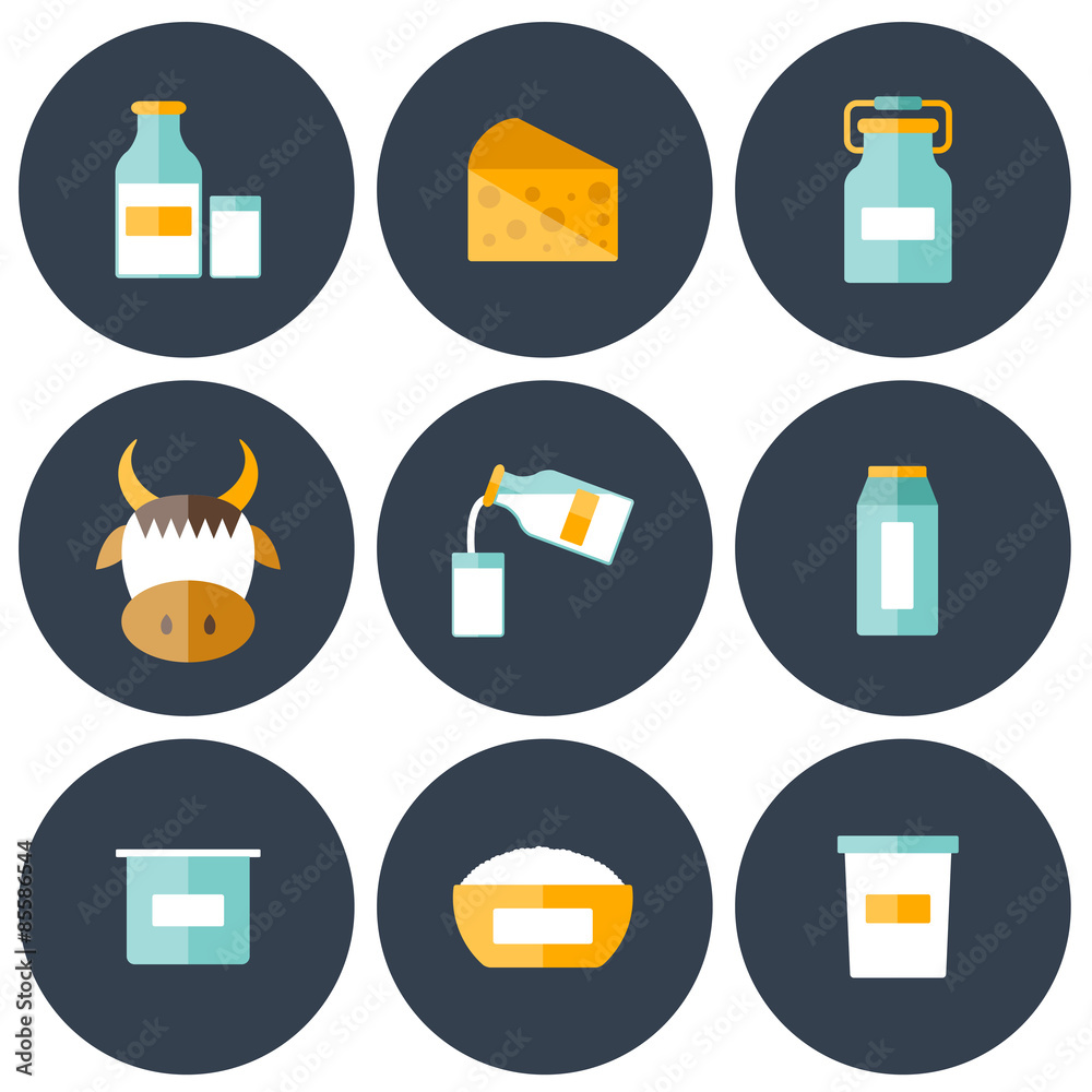 Set of modern flat icons with products containing lactose: milk Stock ...