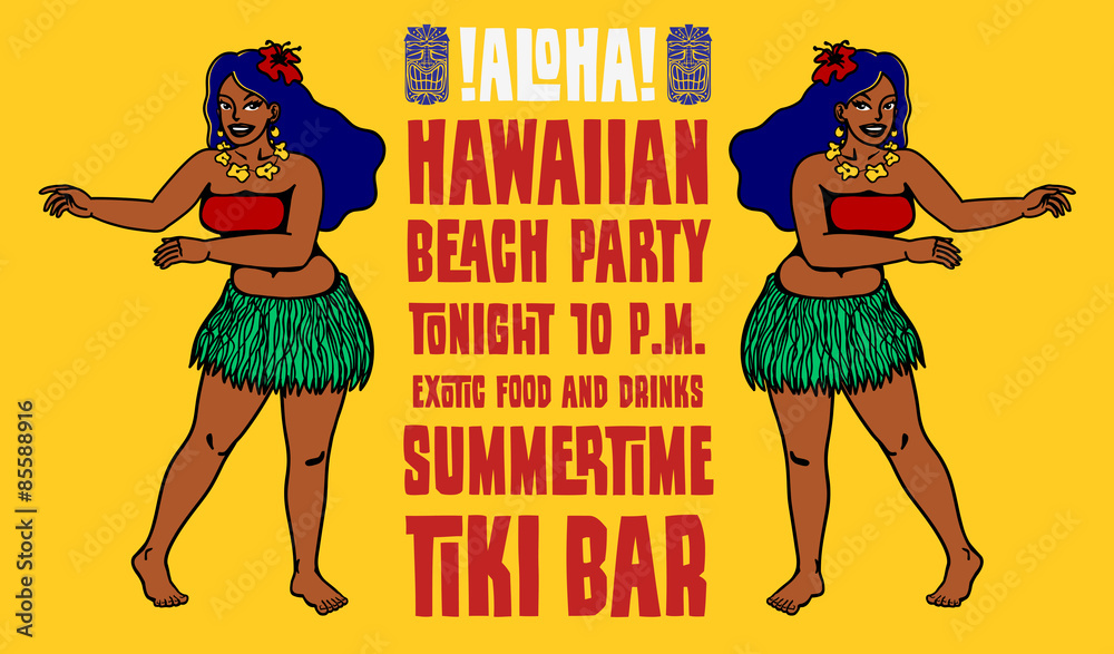 Poster Hawaiian beach party tiki bar flyer design with dancing hula ...