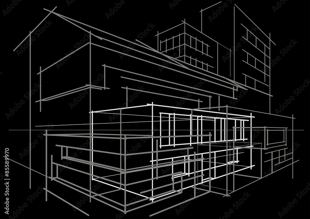 Linear architectural sketch concept abstract building on black ...