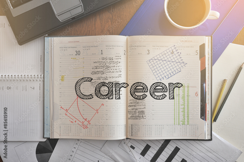 Notebook with text inside Career on table with coffee, some diagrams on ...