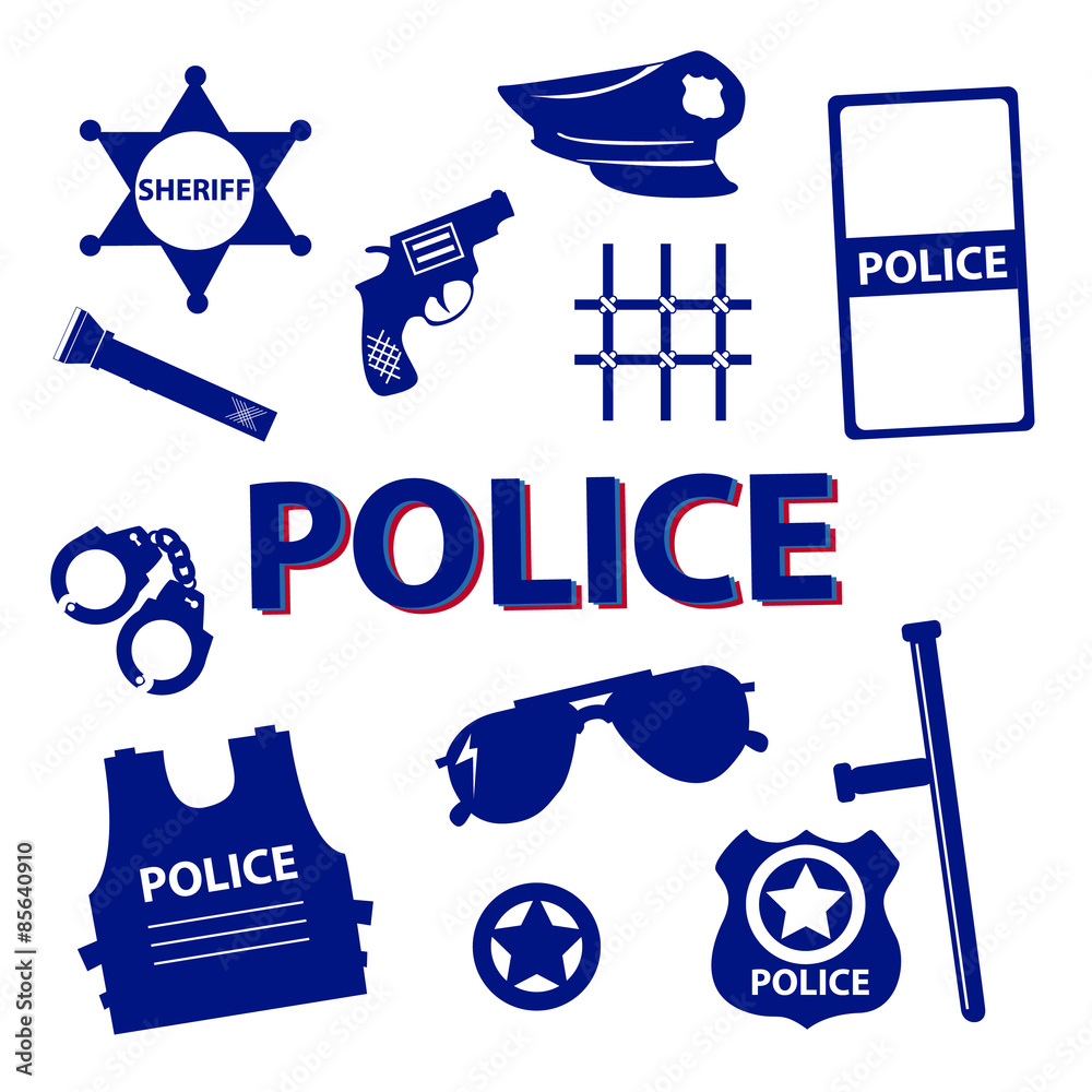 Vector set silhouette police symbols in dark blue color Stock Vector ...