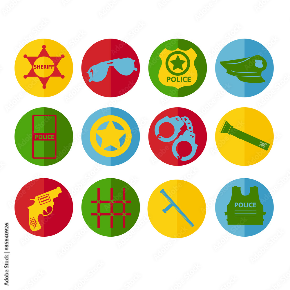Vector set design silhouette police symbols in different colors on ...