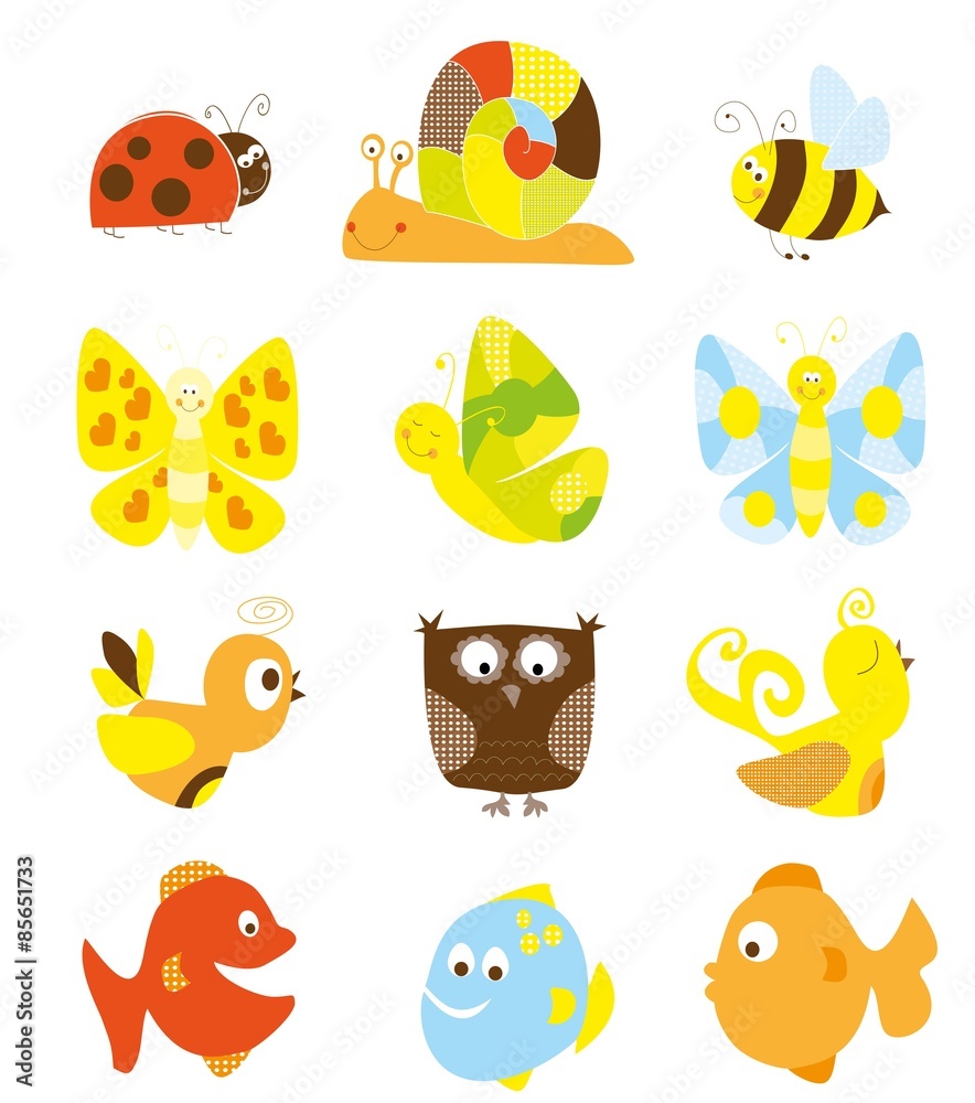 cute set of cartoon ladybird , snail, birds, fish, owl and bee ...