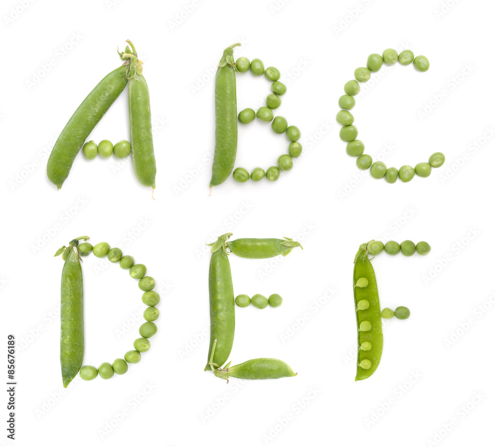 Letters of english alphabet with green peas, abc Stock Photo | Adobe Stock