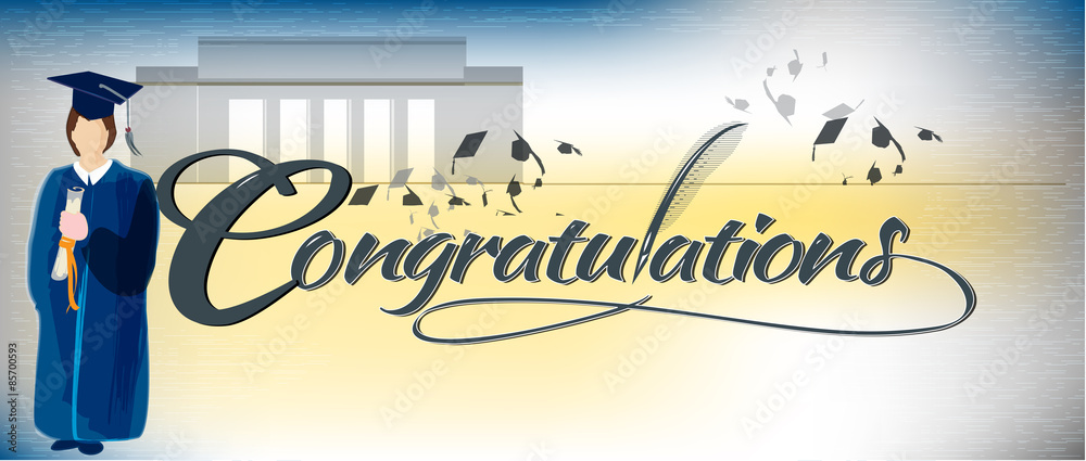 Congratulations text banner with college and graduate silhouette in ...