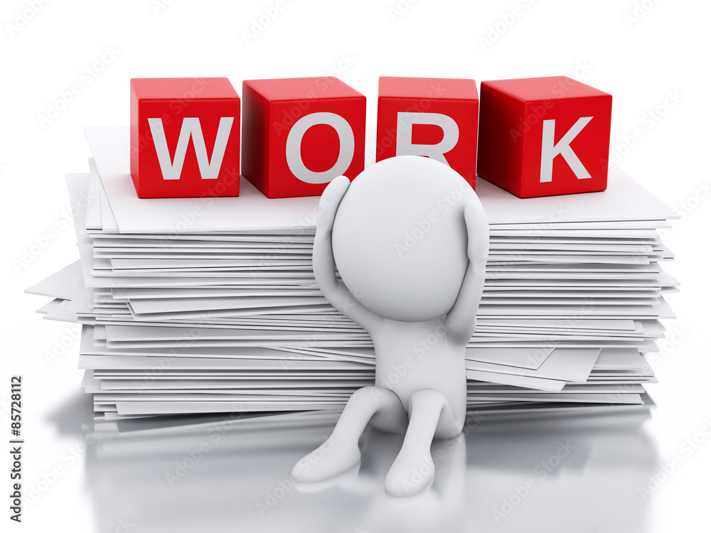 3d white people Overworked with a lot of Paper sheets. Stock ...