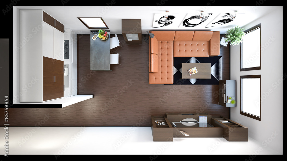 3D interior rendering of a small loft with textures Stock Illustration ...