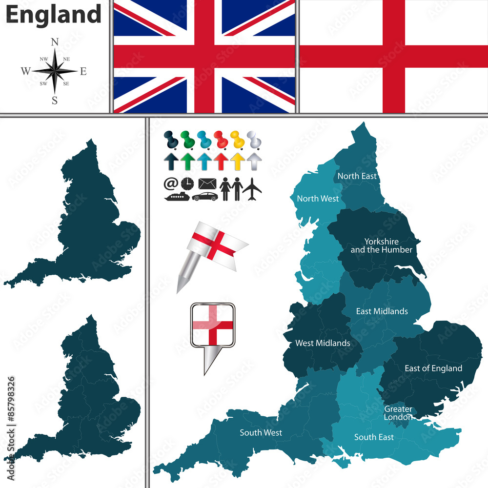 Map of England with regions Stock Vector | Adobe Stock