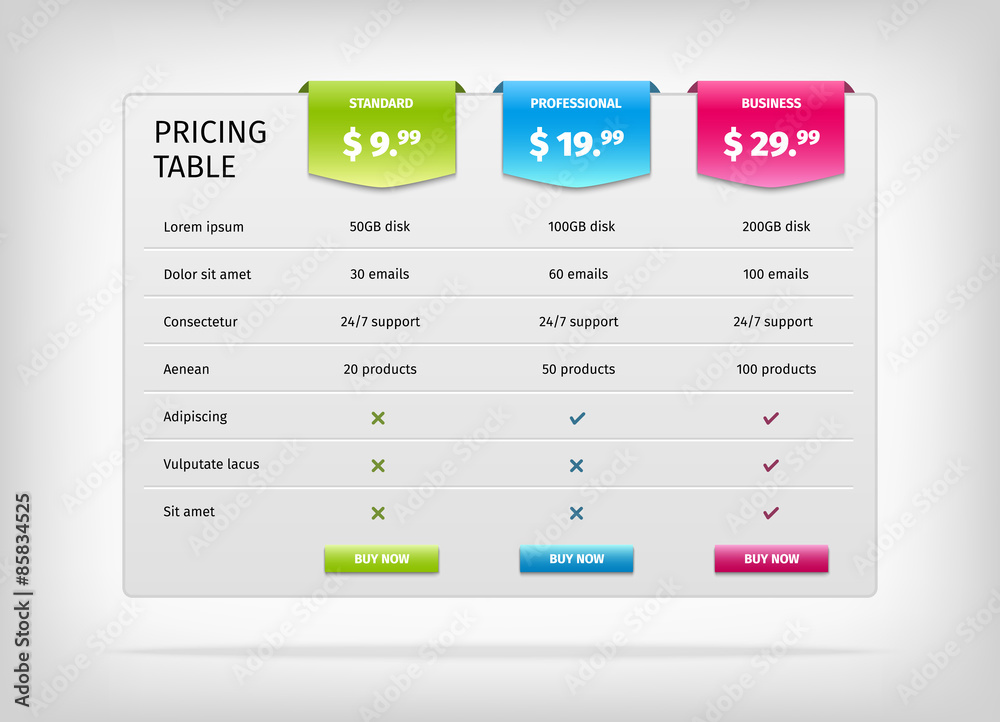 Colorful comparison pricing table template Stock Vector | Adobe Stock Colorful comparison pricing table template Stock Vector | Adobe Stock