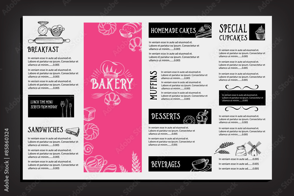 Bread and bakery restaurant menu, template design. Food flyer. Stock ...
