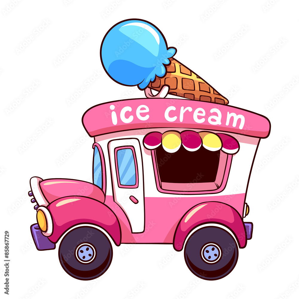 Cartoon Pink Ice Cream Truck On а White Background Stock Vector Adobe