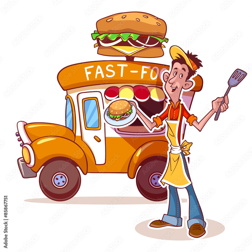 Cartoon fast-food car with the seller of hamburgers Stock Vector ...