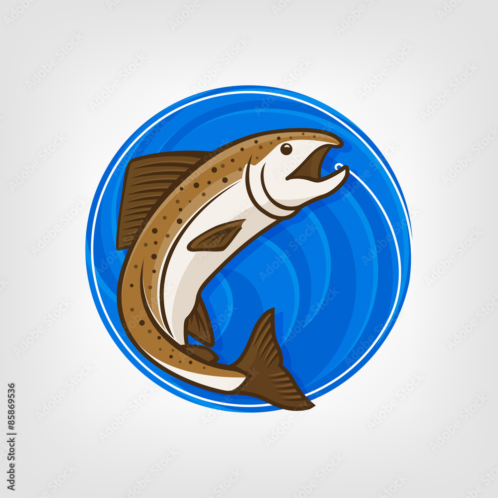 Vector fishing logo. Catching salmon fish on the hook. Round blue ...