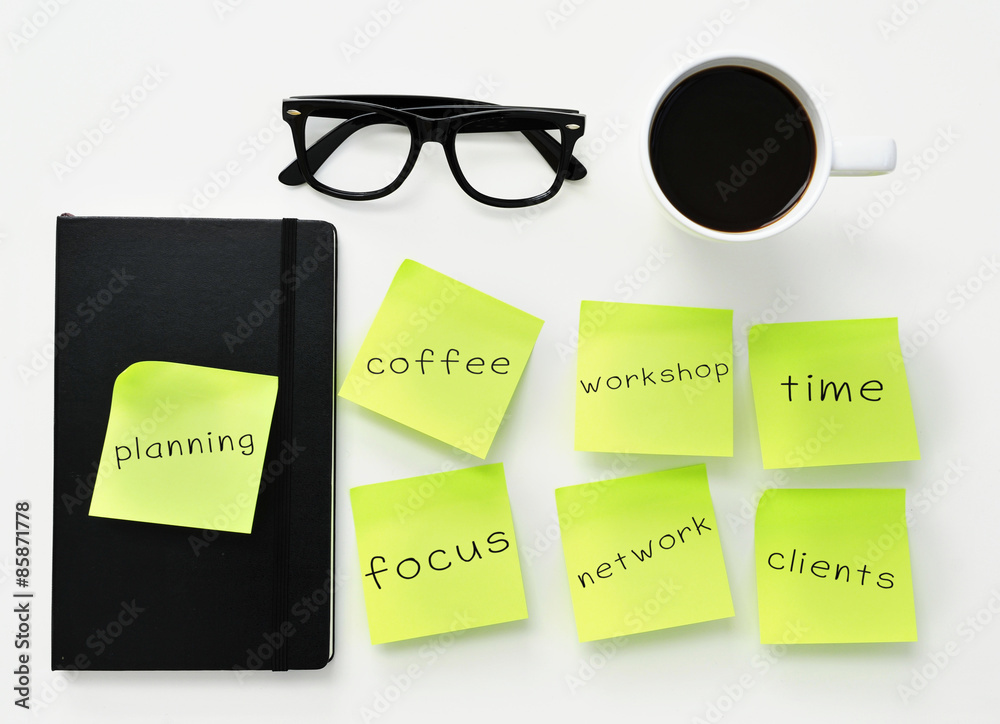 sticky notes with different work concepts on an office desk Stock Photo ...